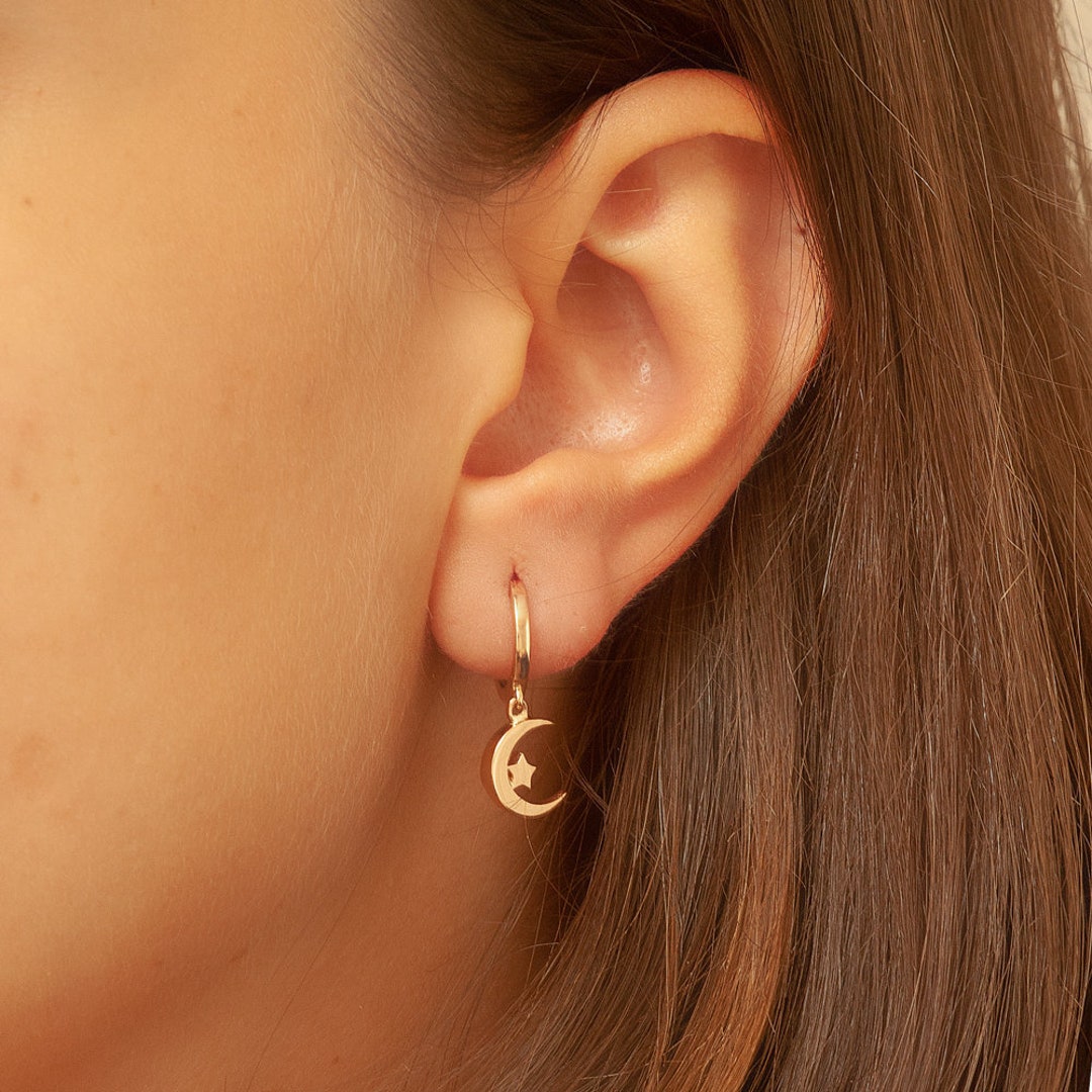 14K Solid Gold Crescent Moon and Star Earring, Classy Gold Moon and ...