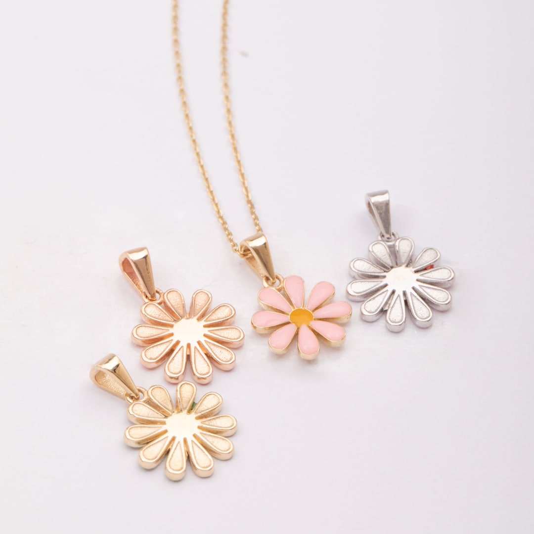 14K Solid Gold Daisy Flower Necklace, Dainty White Daisy Pendant ...