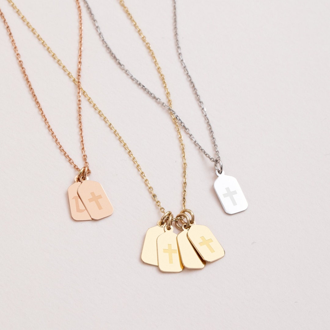 Personalized Tiny Bar Tag Cross Necklace 14k 18k SOLID Gold, Vertical ...
