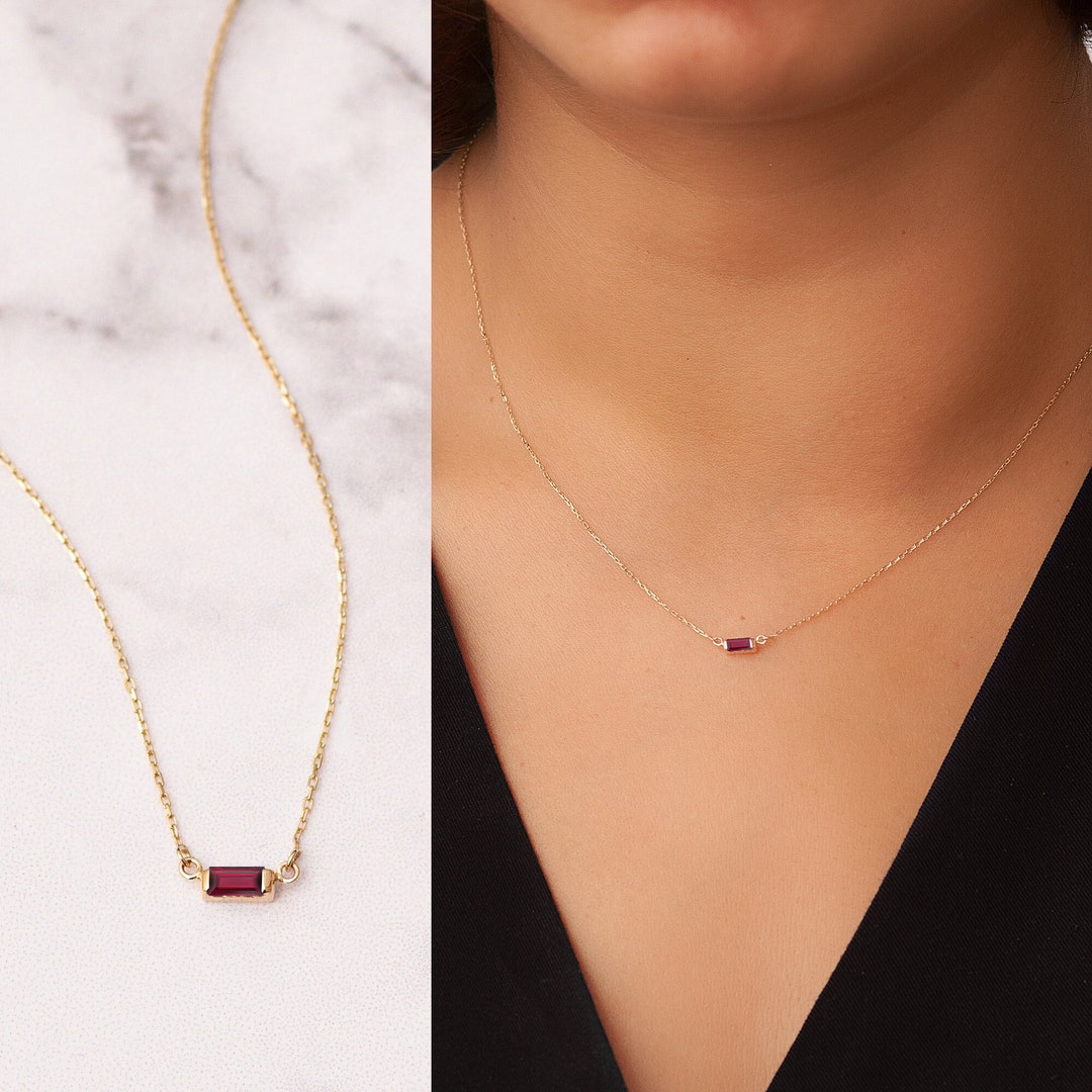 14k 18k Baguette Genuine Ruby Necklace, Real Solid Gold Solitaire Ruby Baguette Necklace, Dainty ...