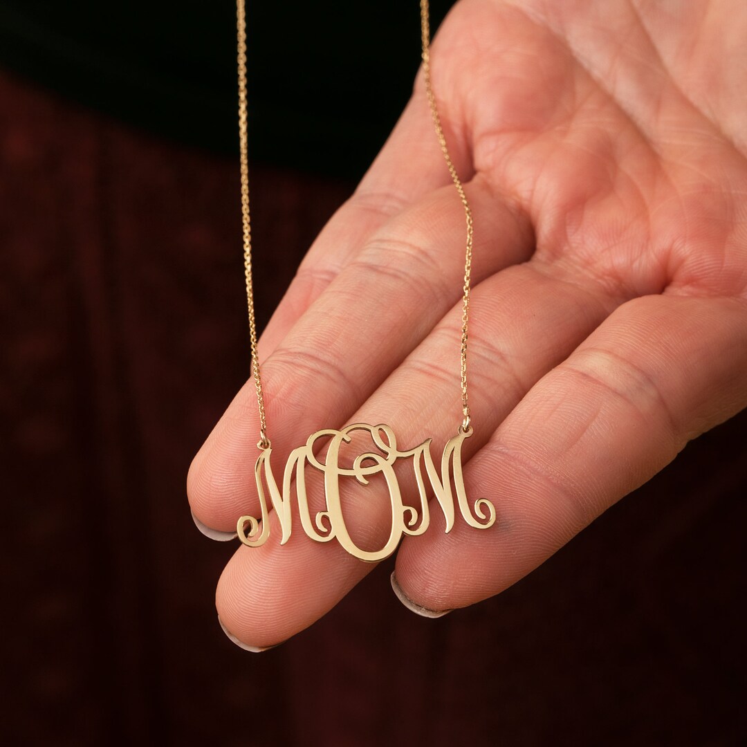 Mom Monogram Necklace in 14k 18k Solid Gold, Dainty Script Mom Gold ...