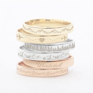 14K 18K SOLID Gold Mountain Ring, Mountain Range Ring Forest or Waves ...