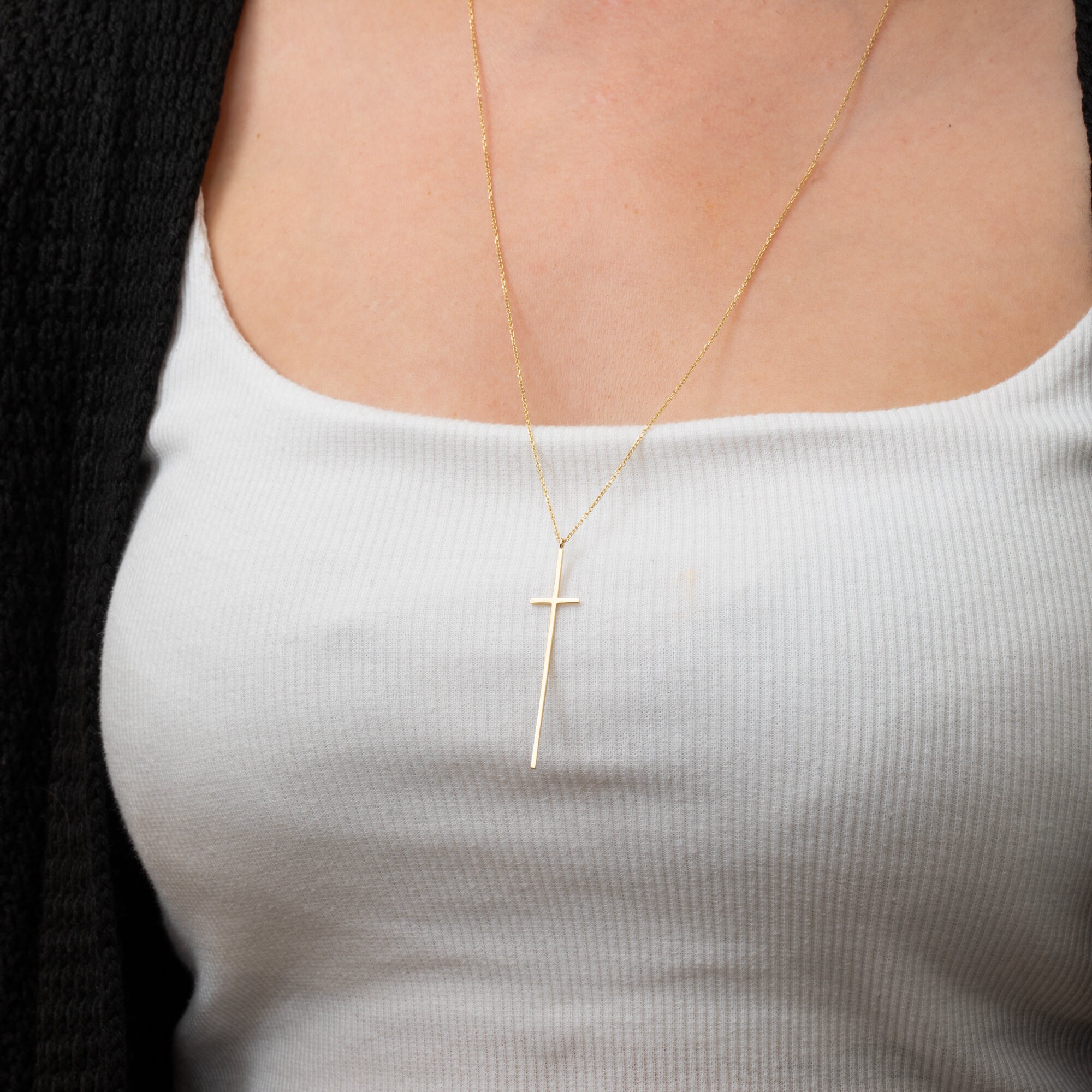 Minimalist Long Cross Pendant Necklace - Customizable 14k & 18k Solid ...