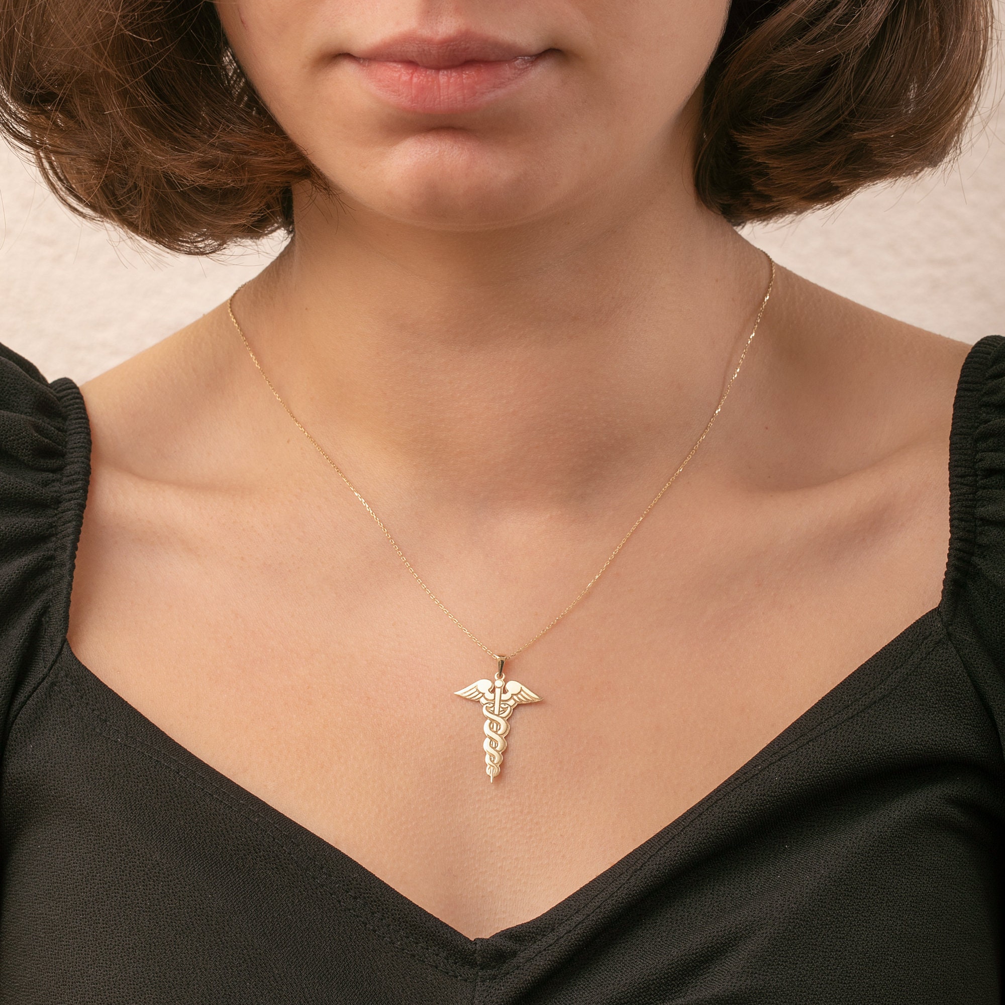 14K 18K Solid Gold Caduceus Necklace Caduceus Symbol of - Etsy