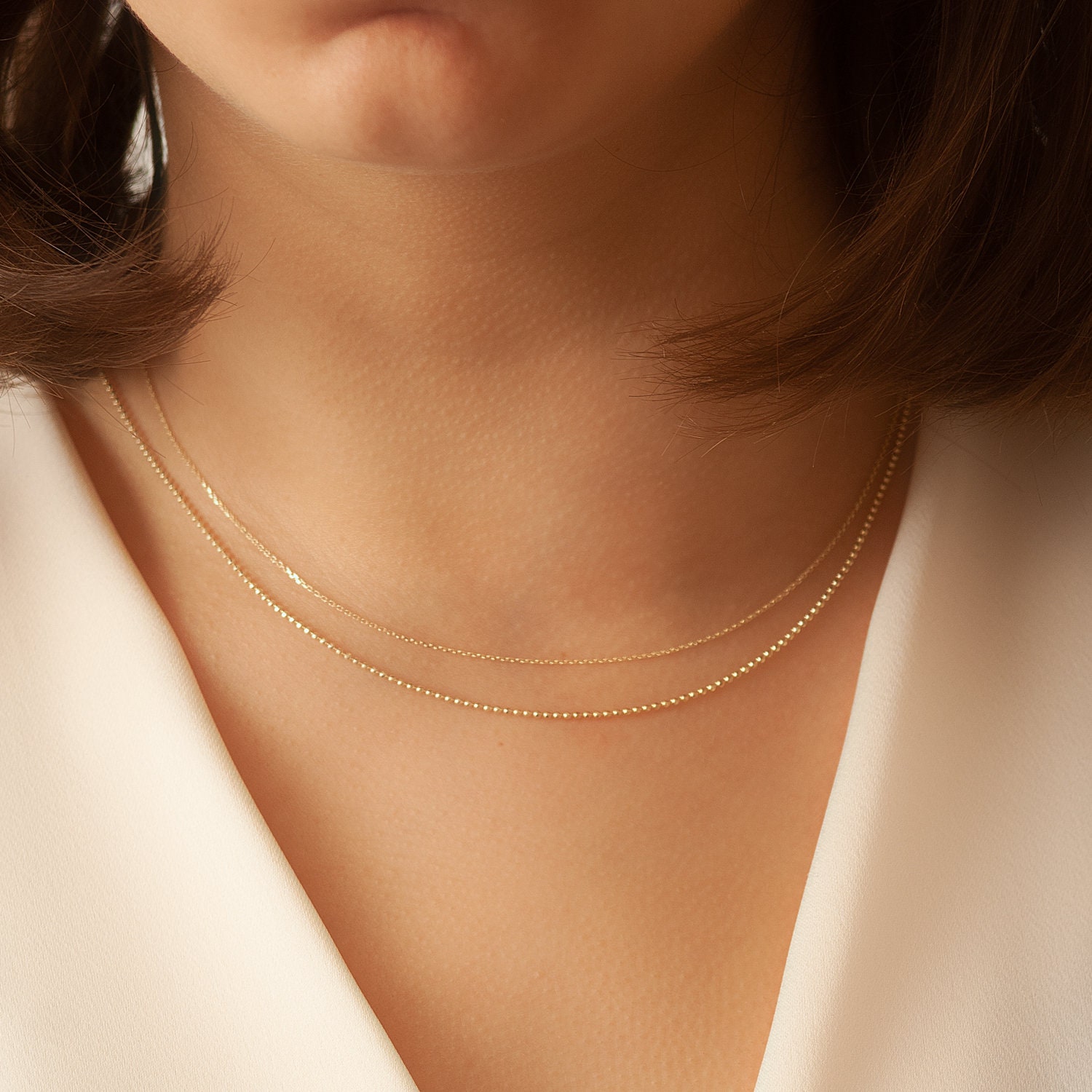 14k Solid Gold Double Strand Gold Beaded Chain Necklace | Etsy