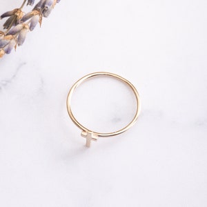 14K Solid Gold Tiny Cross Ring, 18K Solid Gold Dainty and Cute Cross ...