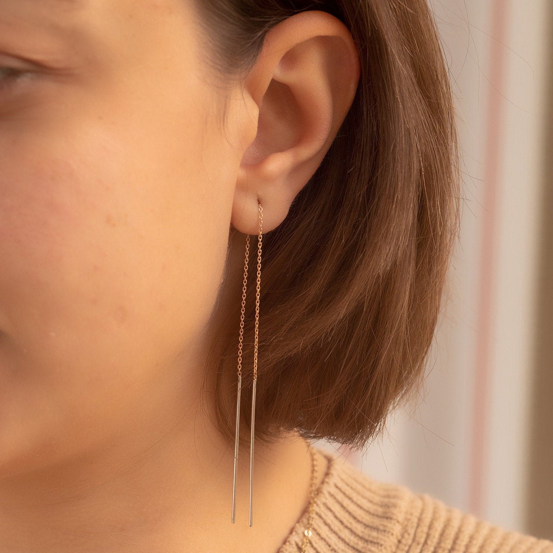 14k Solid Gold Threader Earrings, Dainty Gold Threader Chain Bar Earring is a Great Gift for Her ...