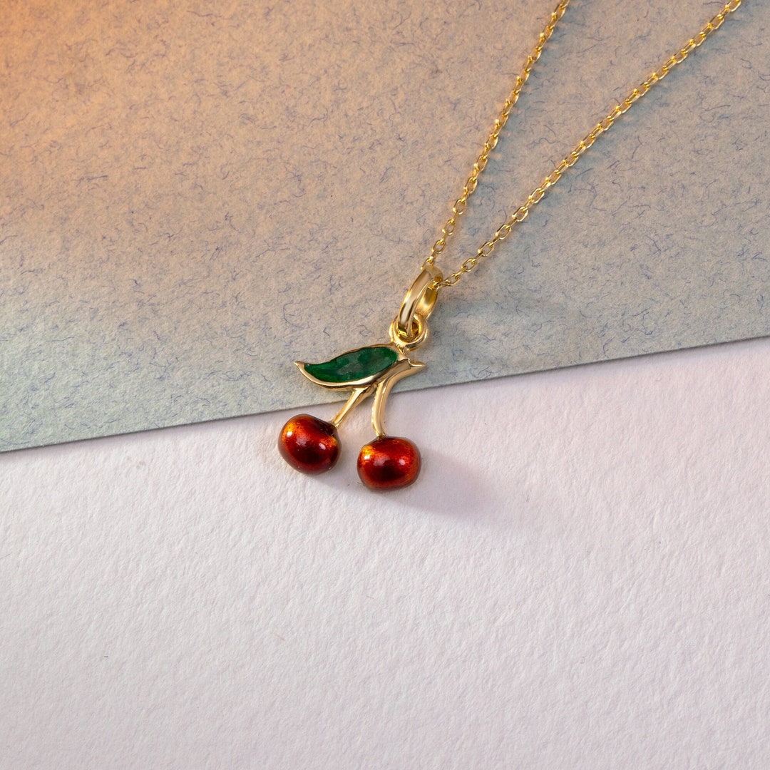 14K Solid Gold Cherry Necklace, Dainty Red Cherries Pendant, Cute ...