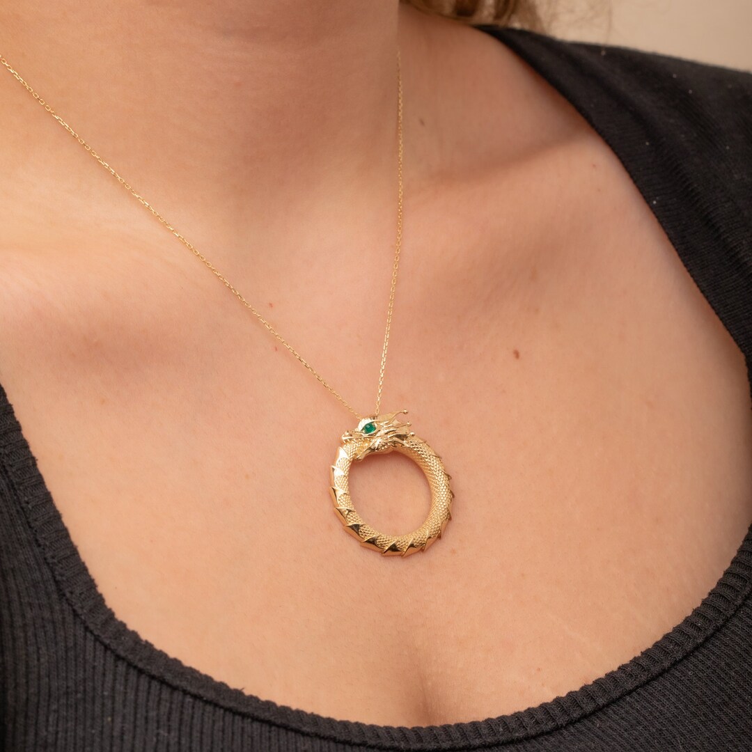 14K Real Gold Dragon Necklace, Circle Dragon Symbol of Mythical Jewelry ...