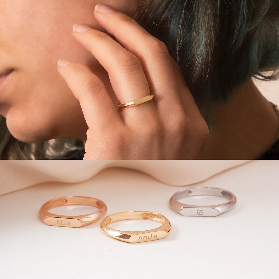 14K 18K Solid Gold Personalized Rectangle Ring, Custom Engrave ...