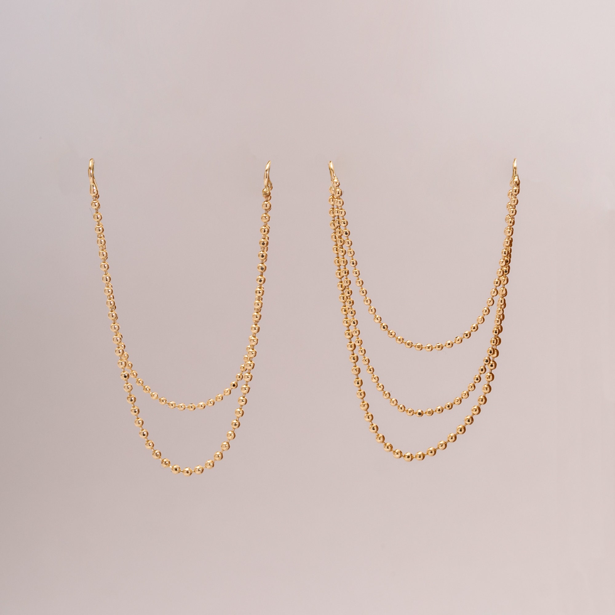 14K Solid Gold Triple Double Chain Earring Jacket, Double Triple Chain ...