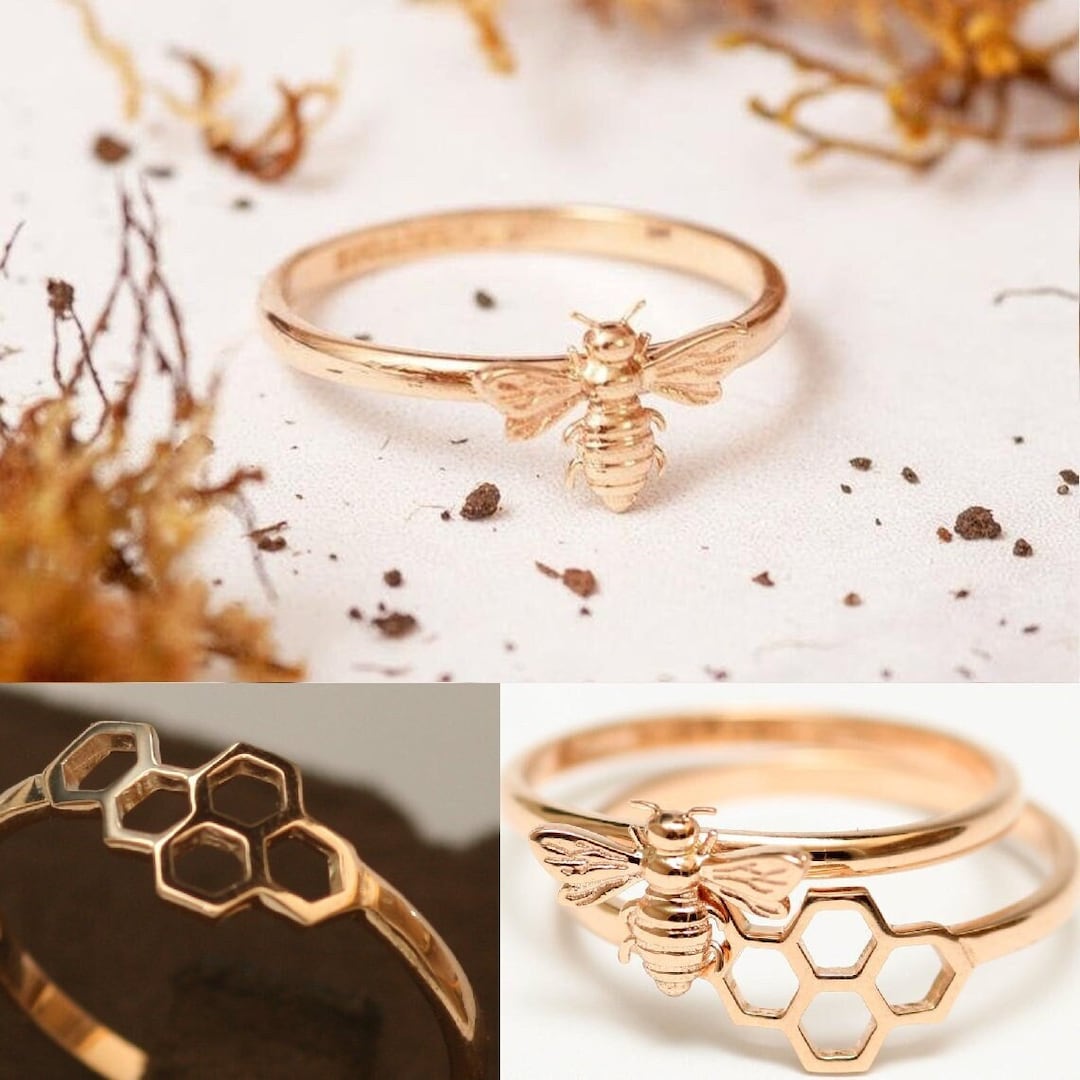 14k 18k Solid Gold Bee Stacking Ring, Honey Bee Engagement Real Gold Ring, Honeycomb & Bee Ring ...