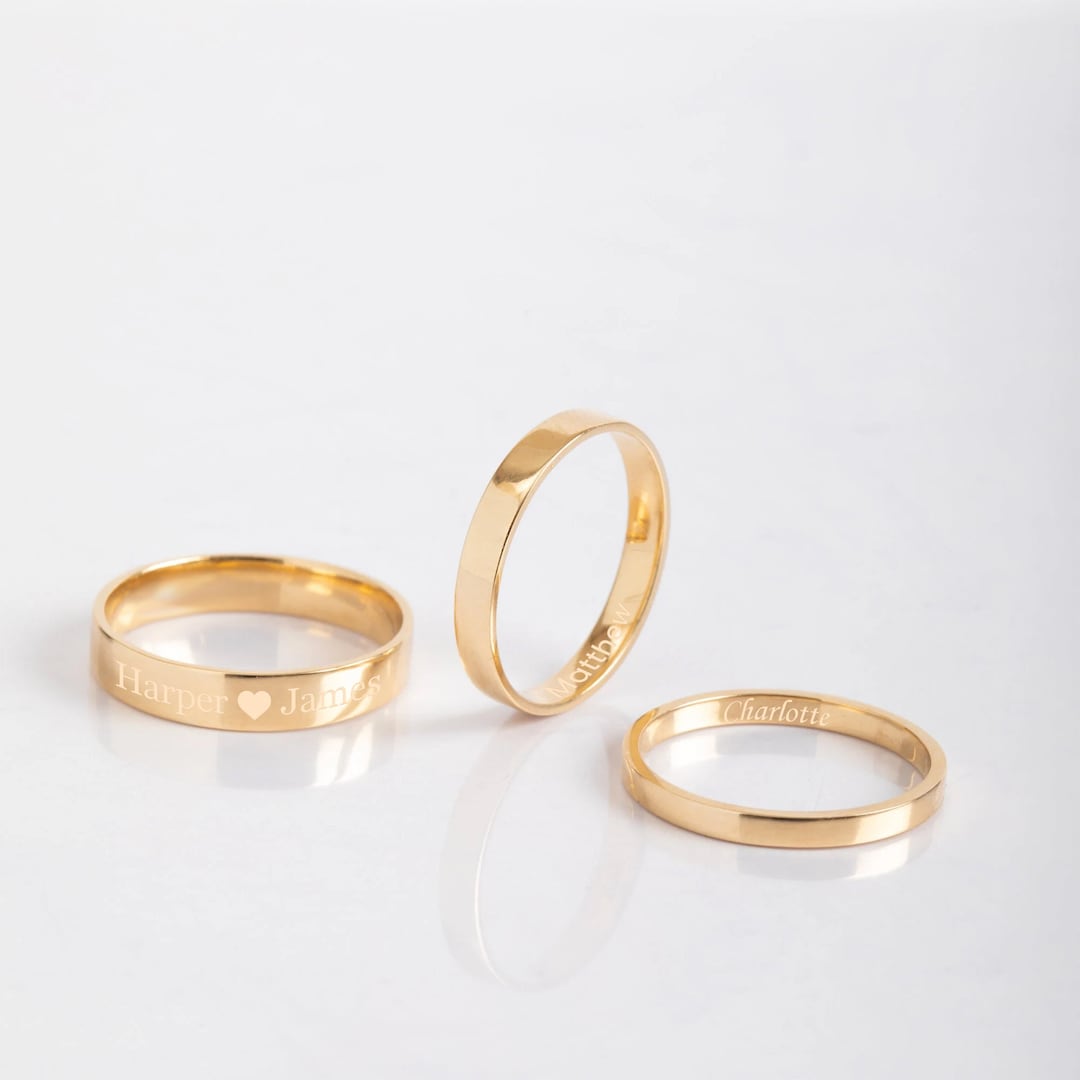 14K Solid Gold Engravable Name Band Ring, Custom Name Stacking Ring ...