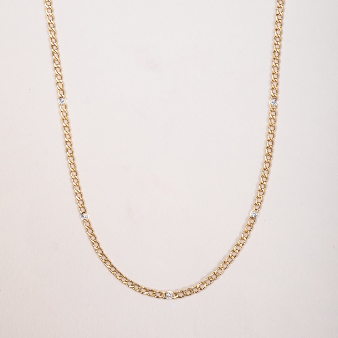 14k Yellow Gold Cuban Link Chain Diamond Necklace, 3mm Cuban Curb Link ...