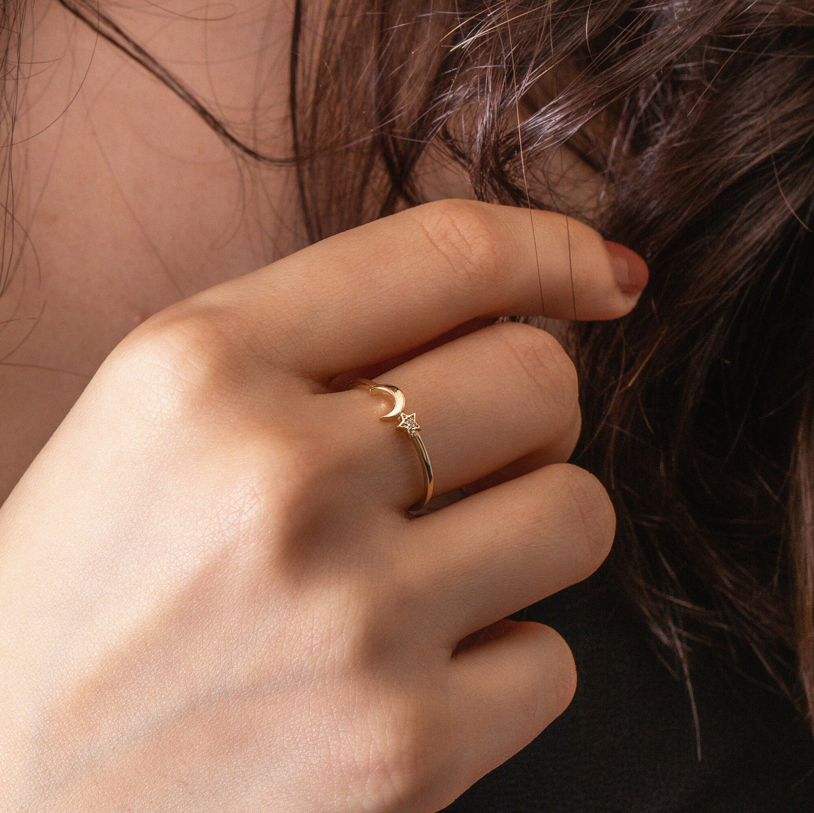 Diamond Crescent Moon Star Ring 14K 18K Solid Gold, Dainty Moon Star ...