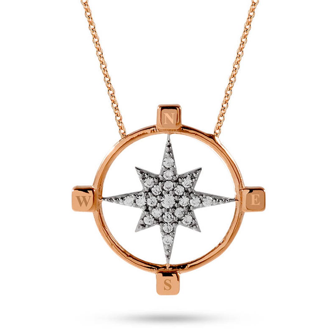 14k Solid Gold Compass Guidingstar Necklace, Dainty Polestar and ...