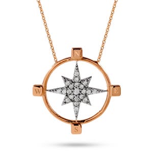 14k Solid Gold Compass Guidingstar Necklace, Dainty Polestar and ...