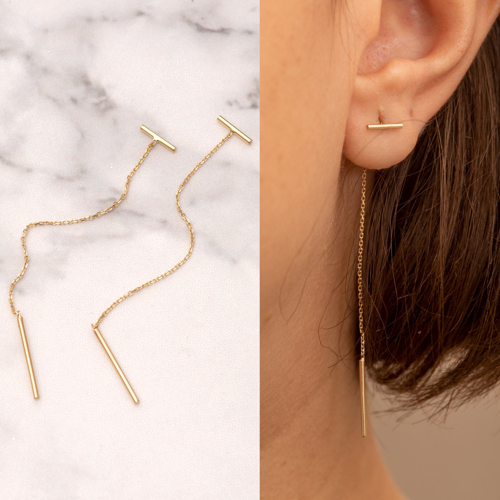 14k 18k Solid Gold Threader Bar Swing Earrings, Dainty Gold Dangling Earring is a Great Gift for ...