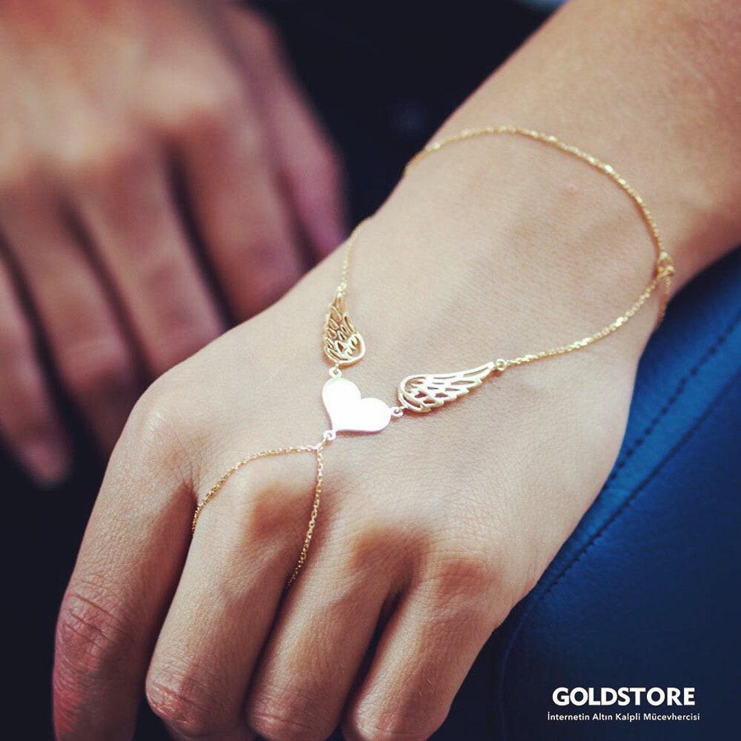 14K Gold Heart and Angel Wings Chain Ring Bracelet, Dainty Angel Wings ...
