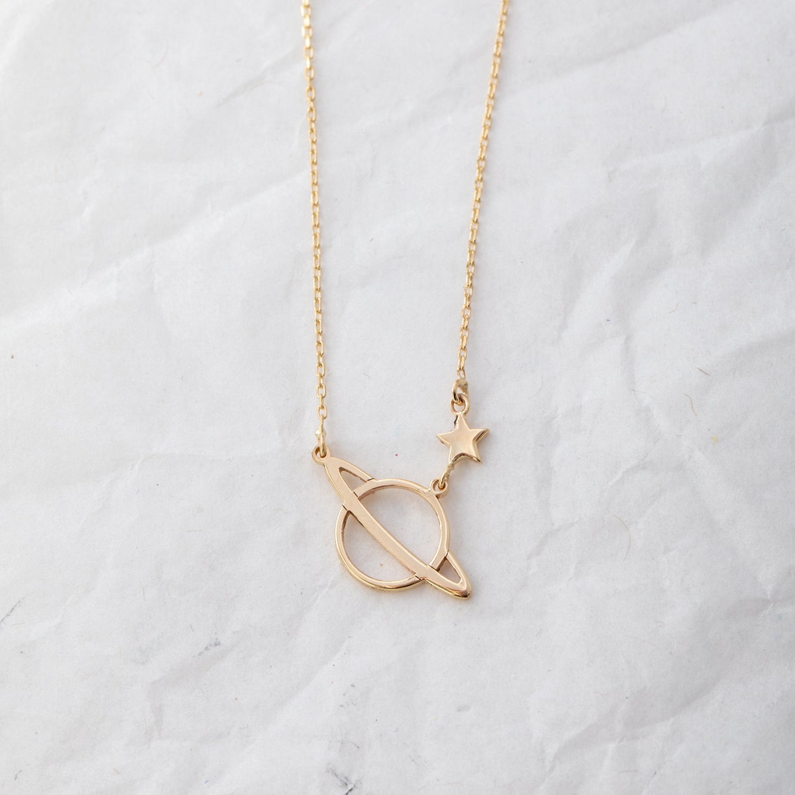 14K 18K Solid Gold Dainty Saturn Necklace, Saturn & Star Gold Necklace ...