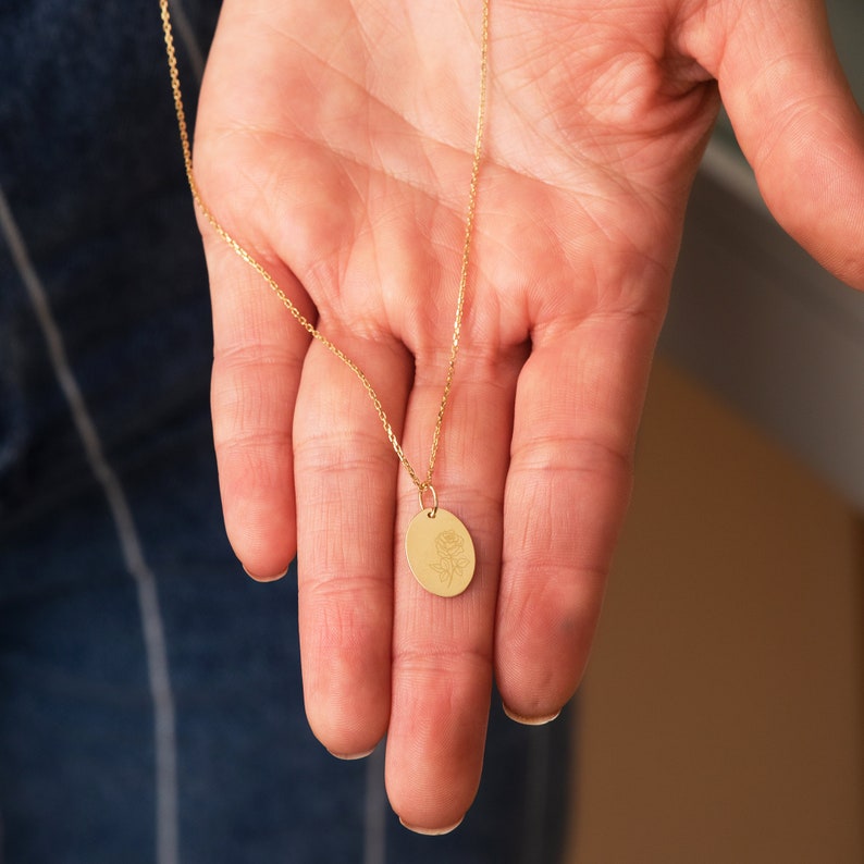 14K Solid Gold Personalized Birth Flower Pendant Necklace | Etsy