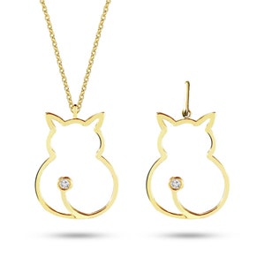14k 18k Solid Gold Cat Diamond Necklace, Diamond Kitty Pendant Necklace ...