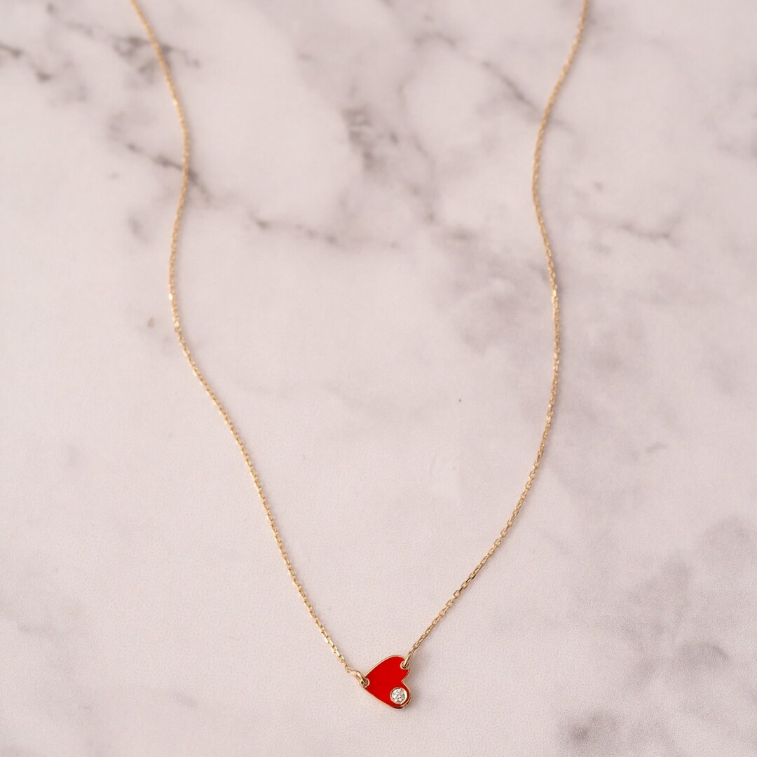 Dainty 14k Gold Red Enamel Heart Necklace, Bezel Diamond Charm - Etsy