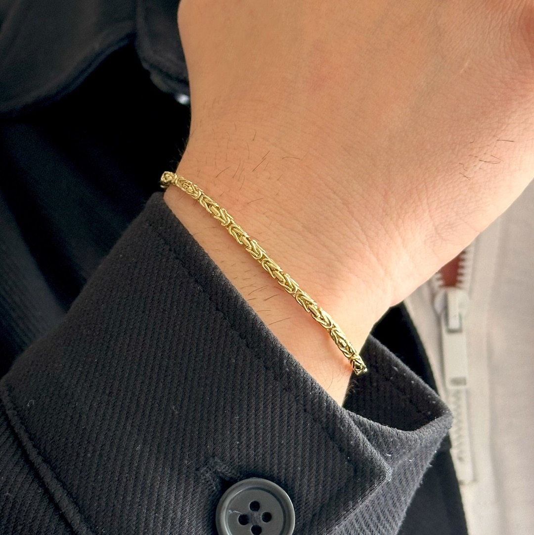14K Solid Gold Men Byzantine Bracelet - Real Yellow Gold King Byzantine ...