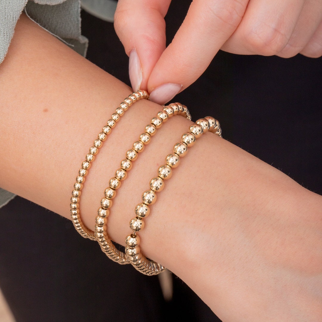 3mm 4mm 5mm Gold Ball Bead Bracelet, 14K Real Gold Simple Shiny ...