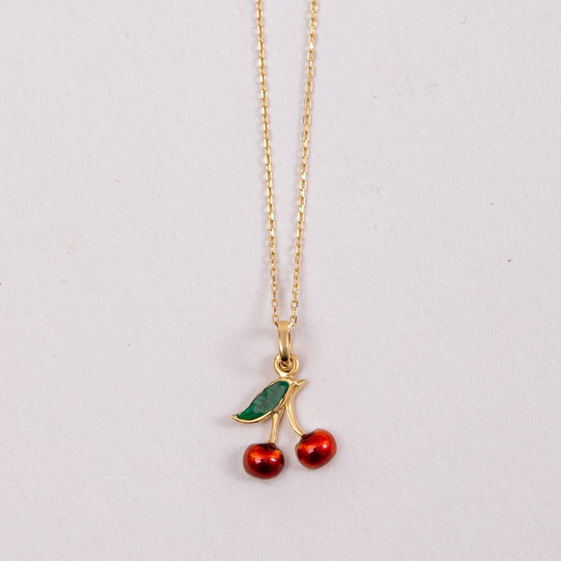14K Solid Gold Cherry Necklace Dainty Red Cherries Pendant - Etsy