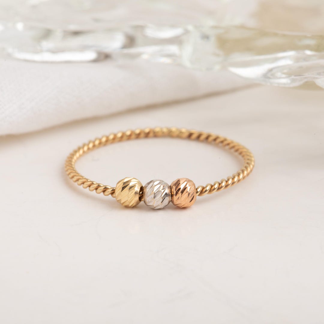 Tricolor Solid Gold Bead Ring – 14k & 18k Twisted Rope Band With 3 ...
