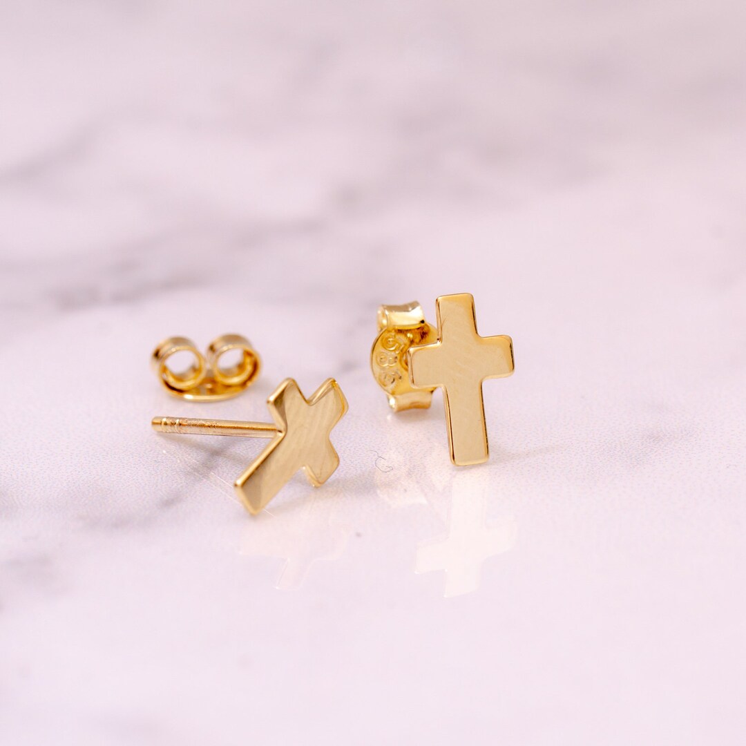 14k & 18k Solid Gold Cross Stud Earrings | Minimalist Religious Jewelry ...