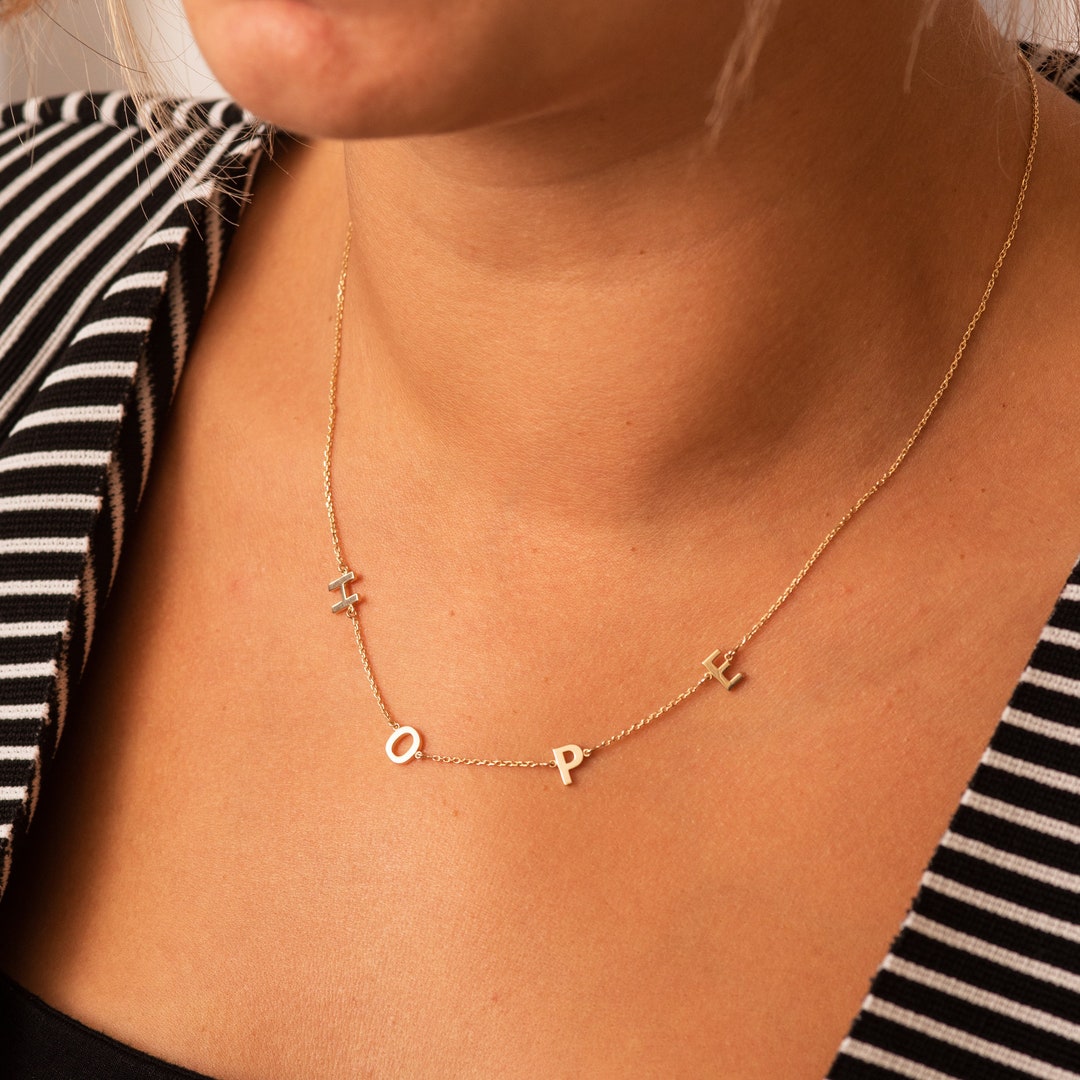 14K 18K Solid Gold Letter Hope Necklace, Real Gold Hope Choker Necklace ...