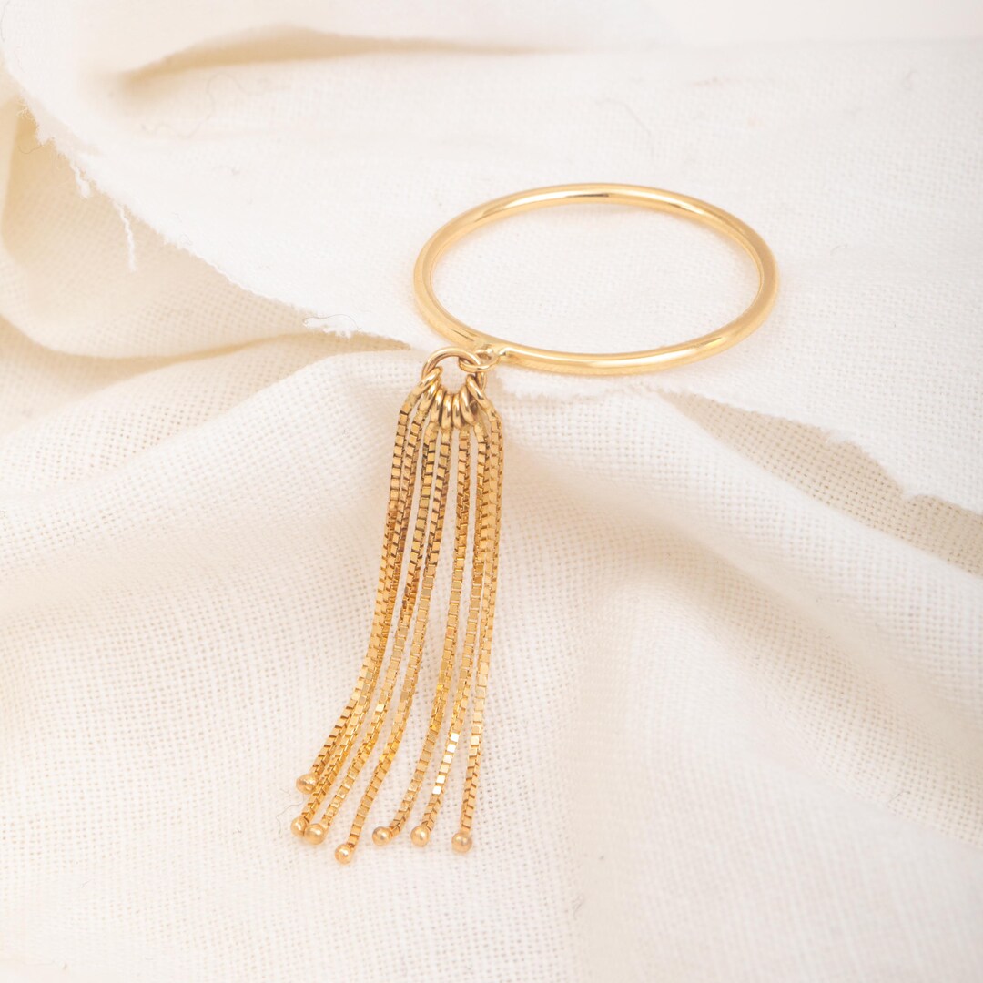 Solid 14K Gold Tassel Ring, Dangle Chain Fringe, Unique Statement Ring ...