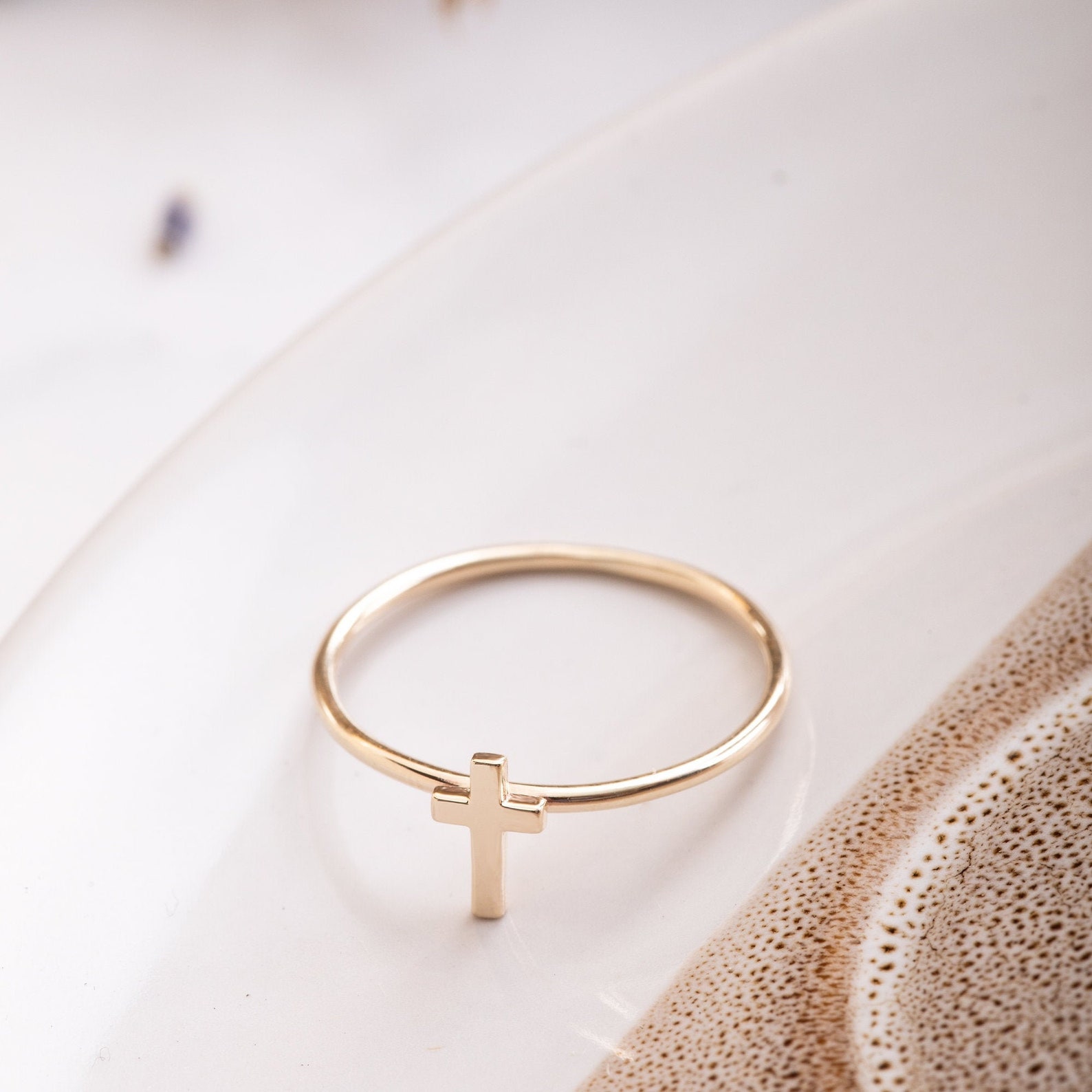 14K Solid Gold Tiny Cross Ring, 18K Solid Gold Dainty and Cute Cross ...