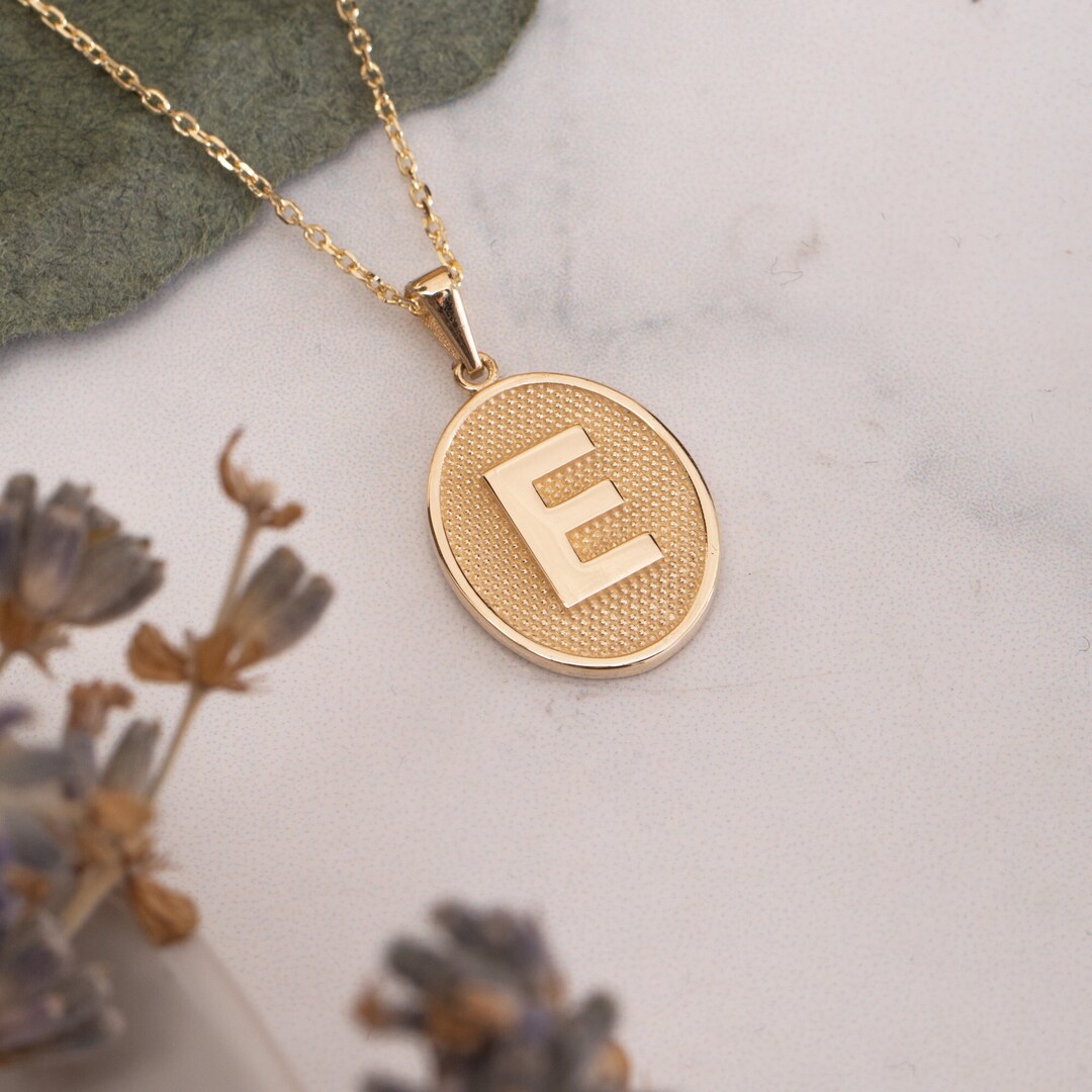 14k 18k Solid Gold Custom Initial Pendant, Personalized Embossed ...