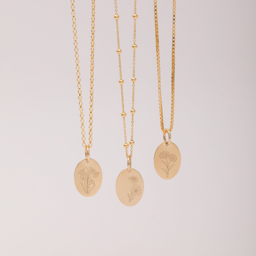 14K Gold Birth Flower Necklace Custom Floral Engraved Charm, Choice of ...