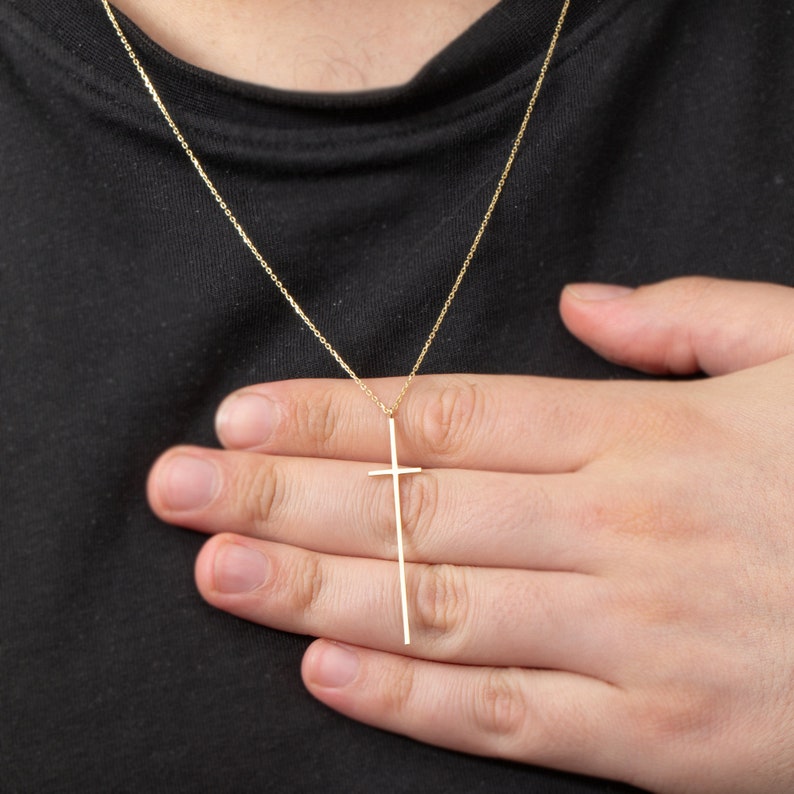 Minimalist Long Cross Pendant Necklace - Customizable 14k & 18k Solid ...