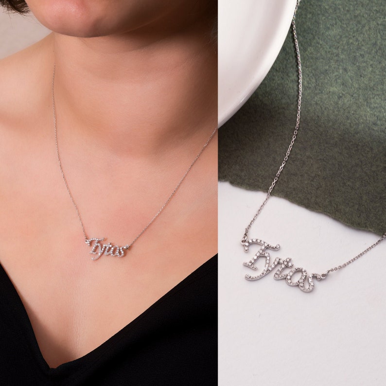 14K 18K Solid Gold Pave Diamond Script Name Necklace Custom - Etsy