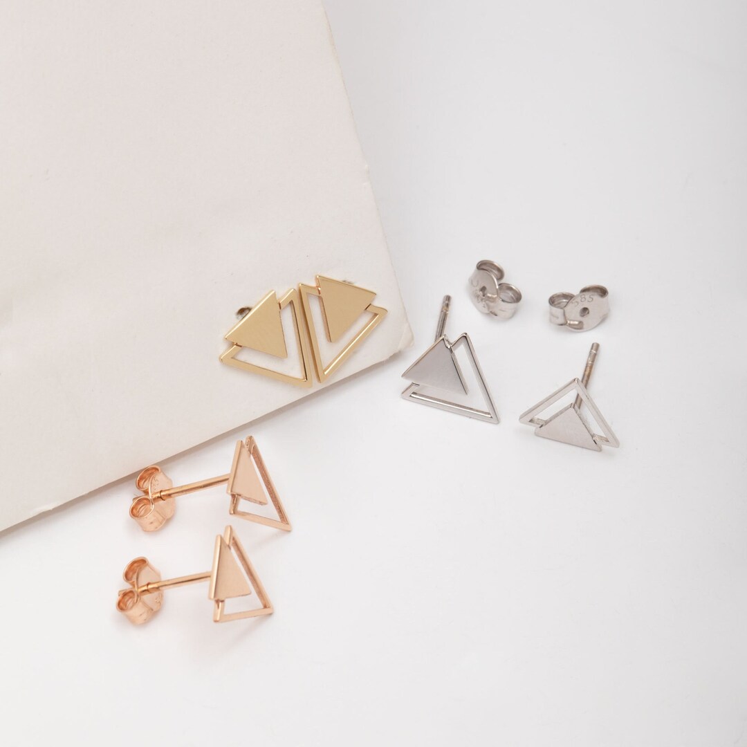 14K 18K Solid Gold Dainty Triangle Earrings, Geometric Stud Earrings ...