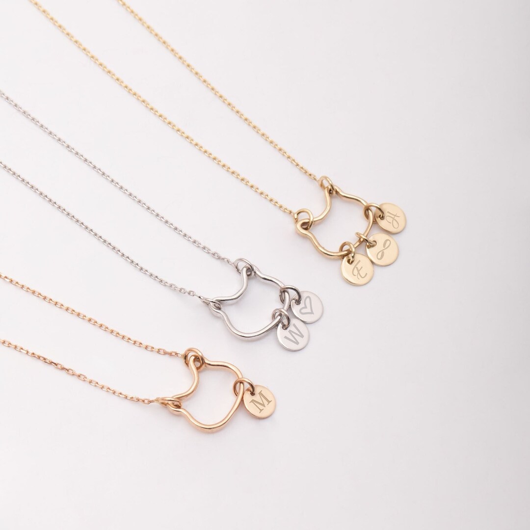 Custom Initials Cat Necklace 14K Solid Gold, Personalized Dainty Cat ...