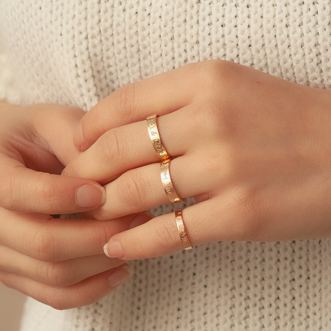 14k 18k Solid Gold Handwriting Ring, Engrave Name Coordinate Gold 3 Mm ...