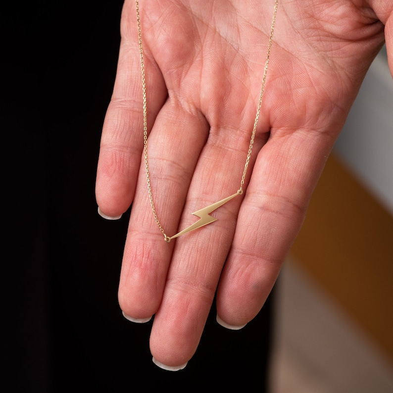 14K 18K Real Solid Gold Lightning Bolt Necklace Dainty | Etsy