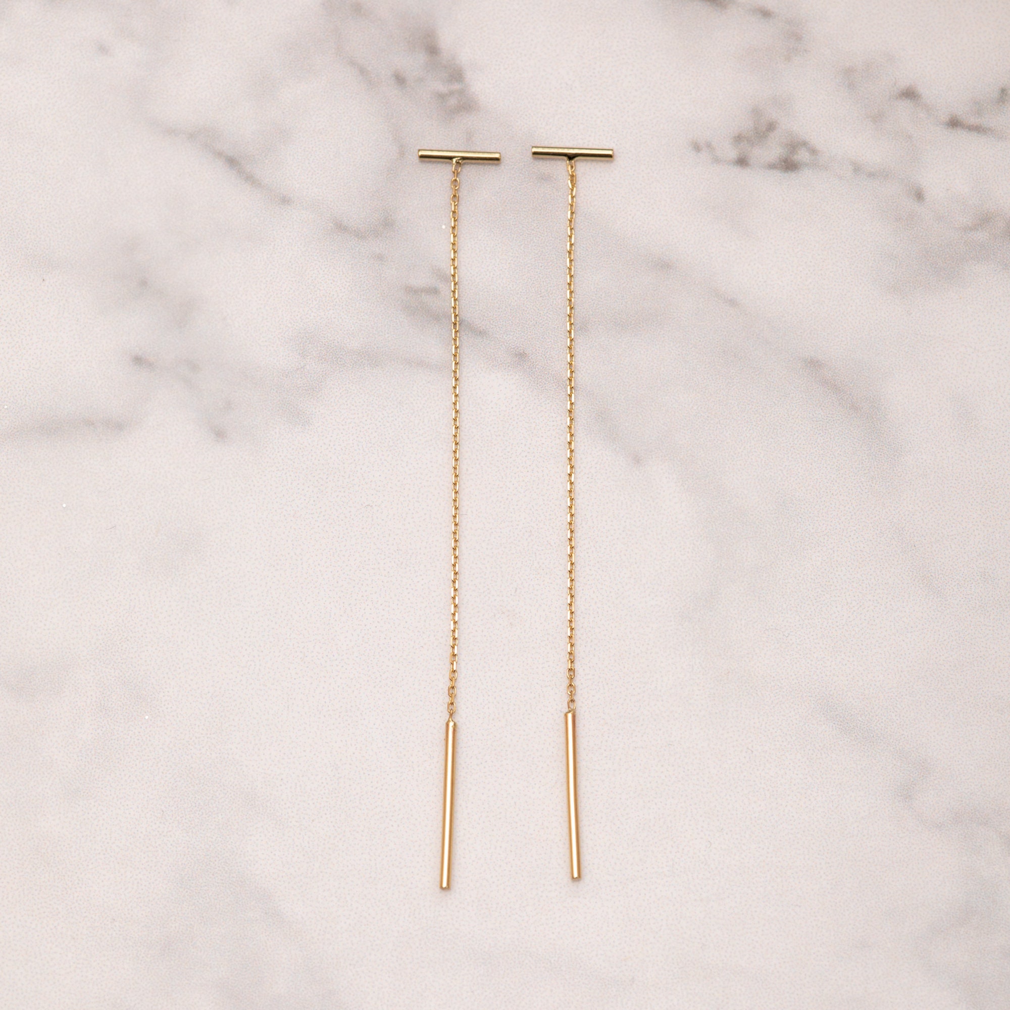 14k 18k Solid Gold Threader Bar Swing Earrings, Dainty Gold Dangling Earring is a Great Gift for ...