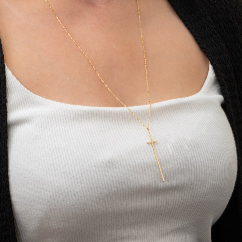 Minimalist Long Cross Pendant Necklace - Customizable 14k & 18k Solid ...