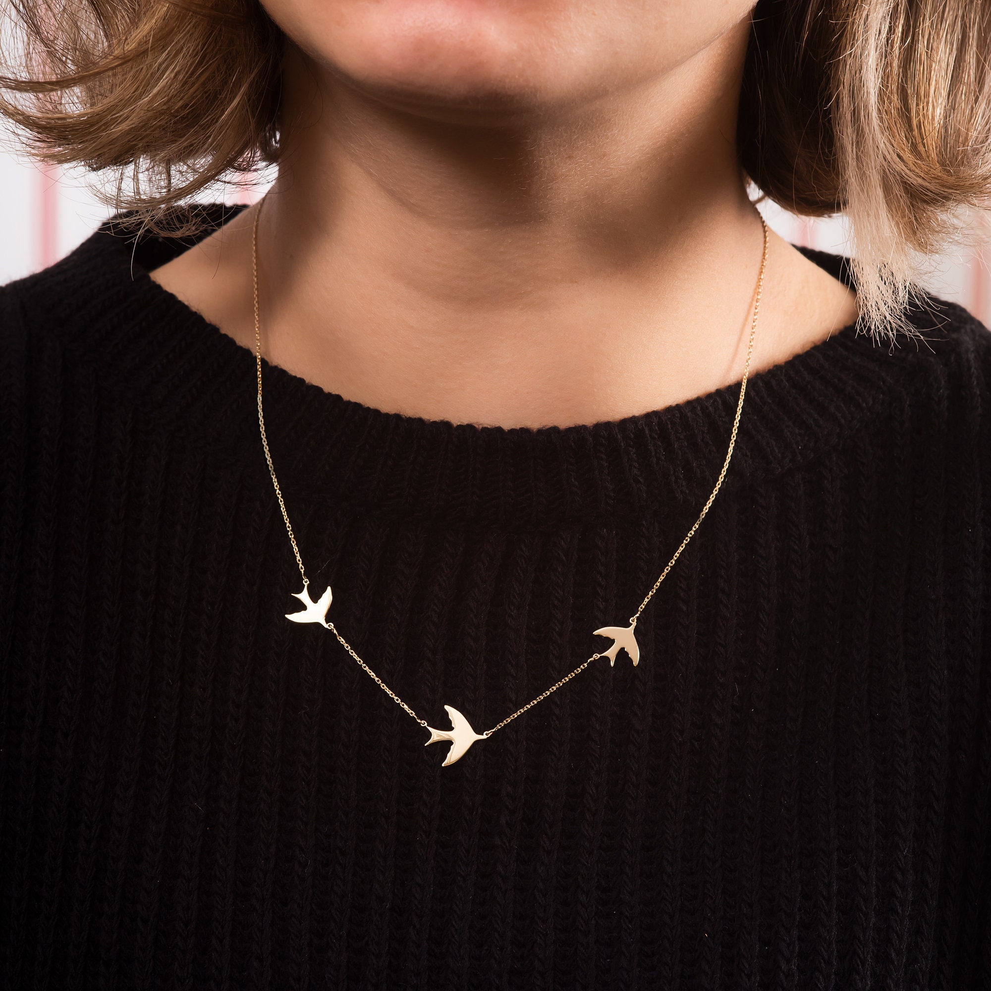 14K 18K Solid Gold 3 or 5 Swallows Necklace, Dainty Gold 3 5 Flying ...