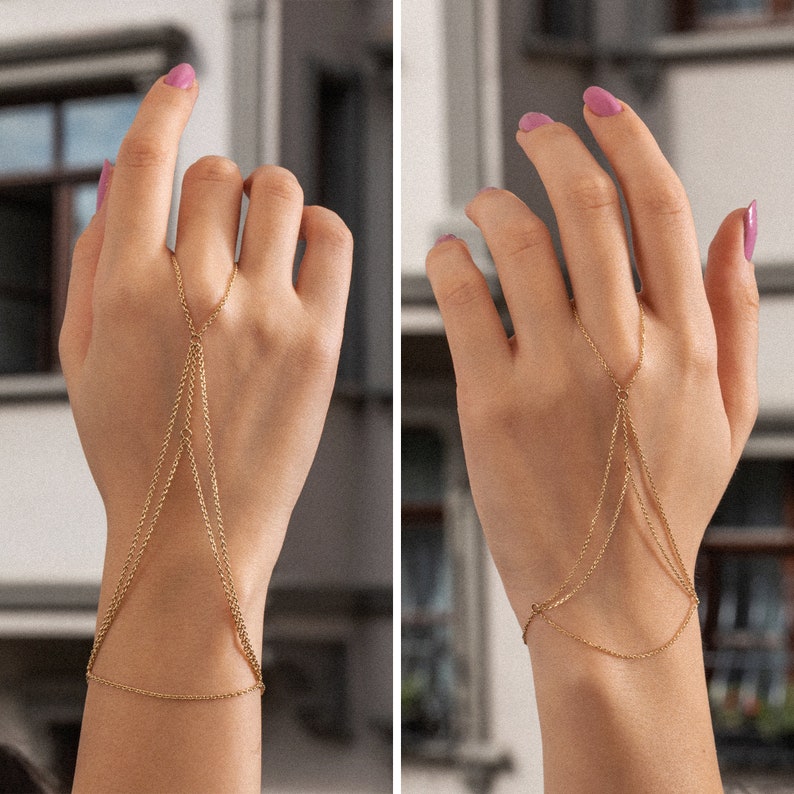 Hand Chain Bracelet 14K 18K Solid Gold Elegant Ring Bracelet - Etsy