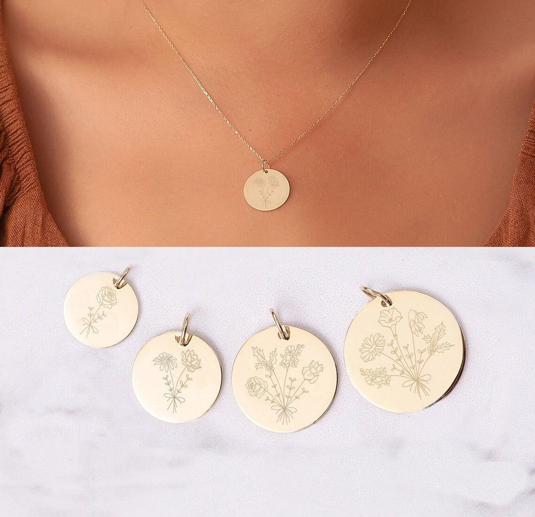 Personalized Birth Month Flower Bouquet Disc Pendant 14K 18K SOLID Gold ...