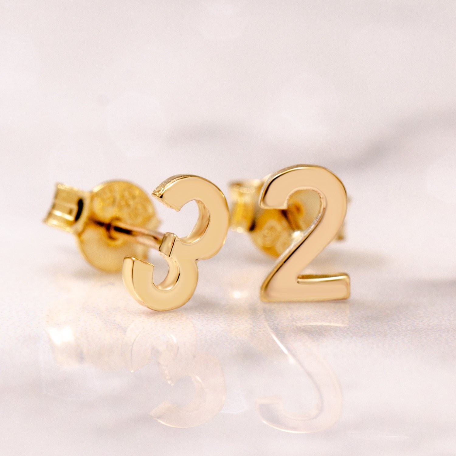14K Solid Plain Gold Number Earrings Diamond Numbers Stud | Etsy