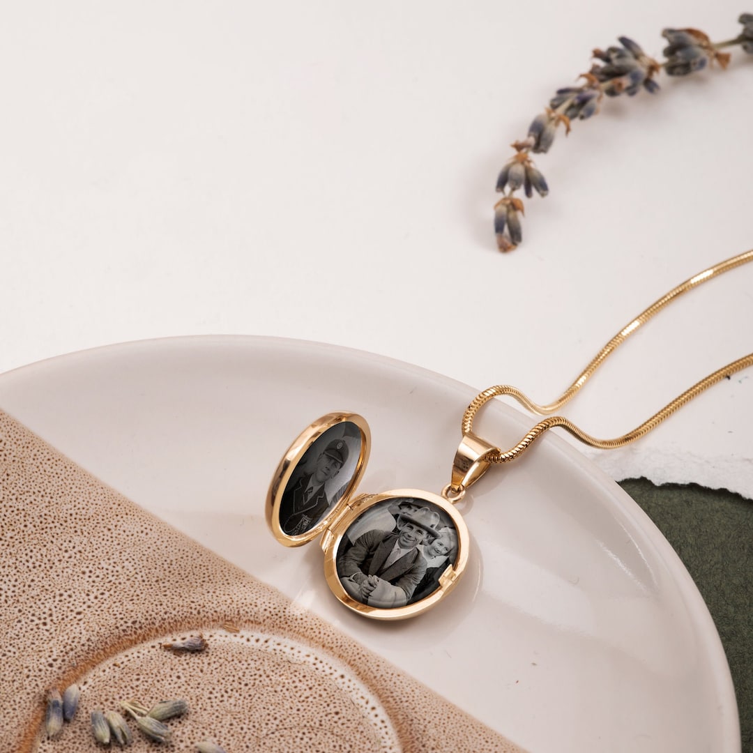 14K Solid Gold Custom Locket Pendant, Two Photo Heart Shaped Locket ...